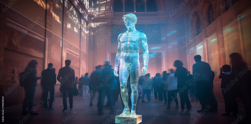 Digital statue of David in an art gallery with holographic projections ...