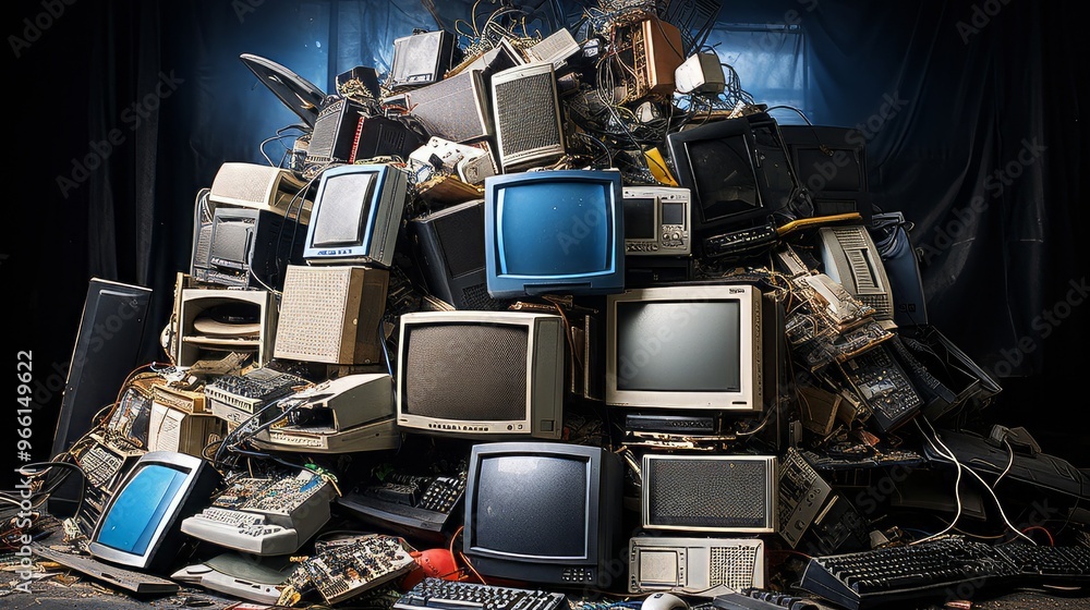 Electronic waste, a large pile of unwanted computer monitors and TV ...