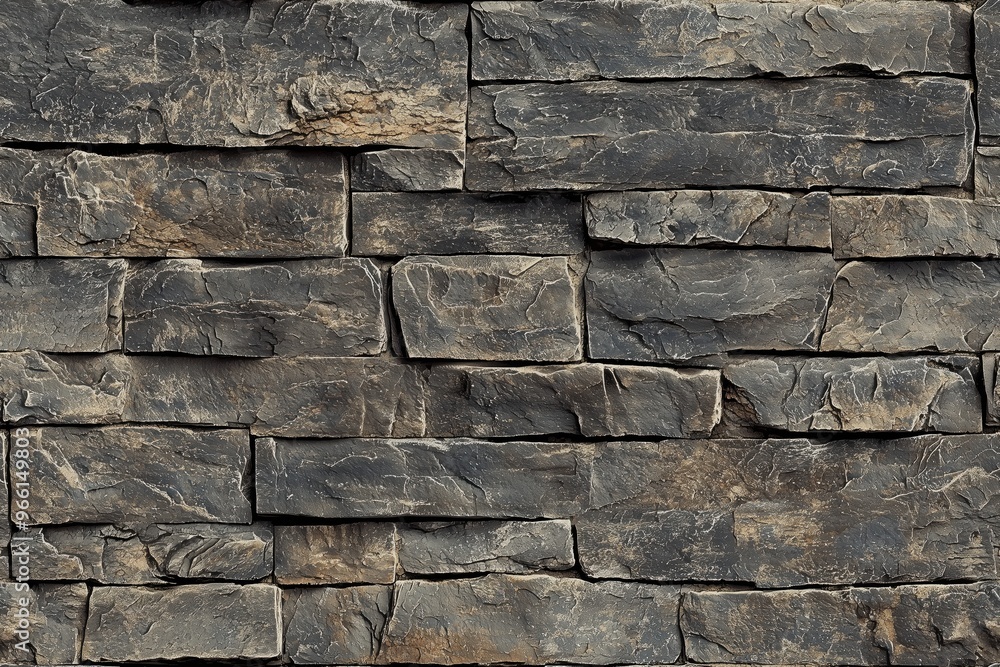 A textured wall made of dark, rough coursed stone cladding bricks ...
