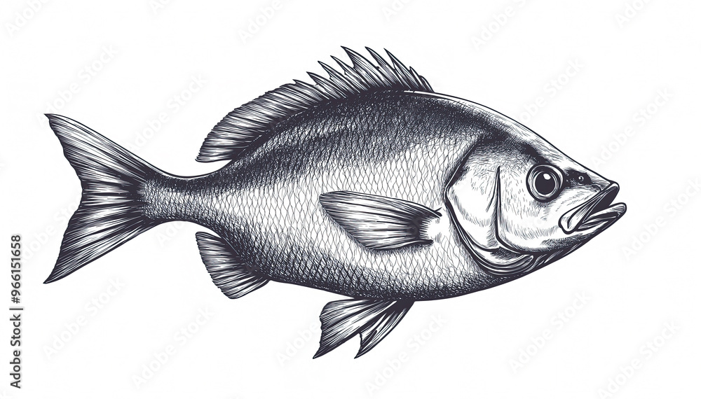 Fish sketch dorado gilt-head bream. Vintage retro print, black white ...