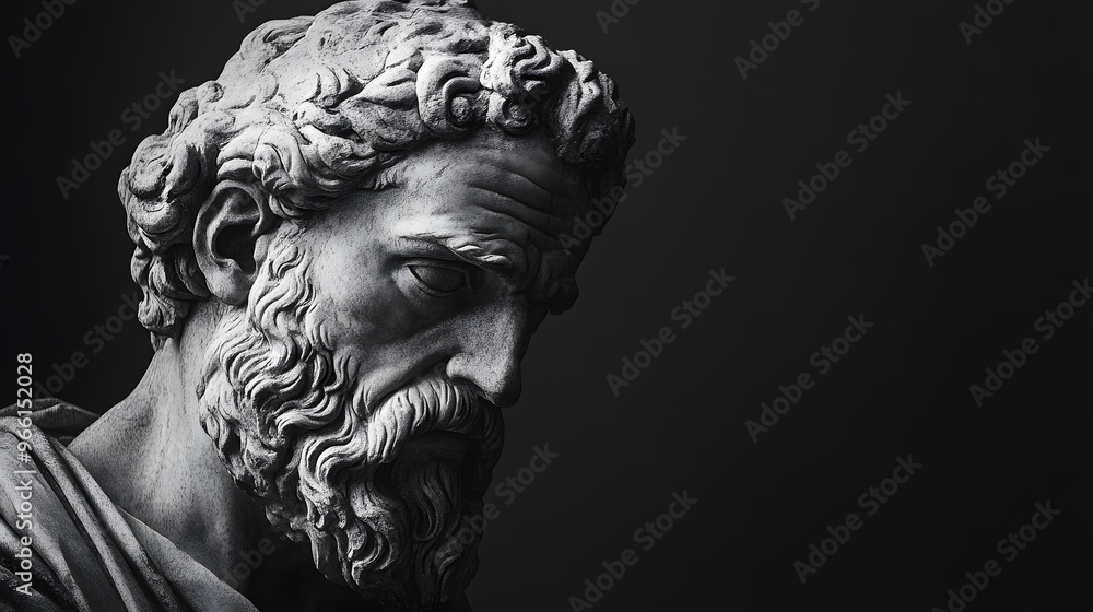 Greek sculpture of an old stoic man, roman god statue, black and white ...