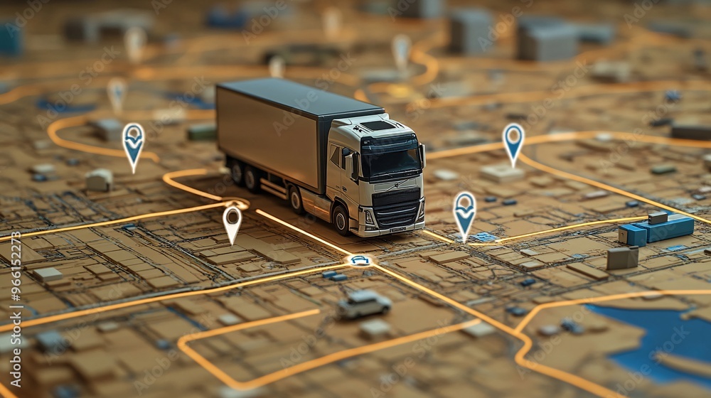 Clay-style map with delivery route marked by arrows and icons of ...