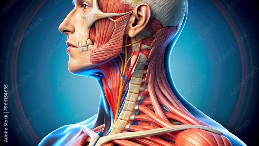 Detailed illustration of the human neck's cervical muscles, showcasing ...
