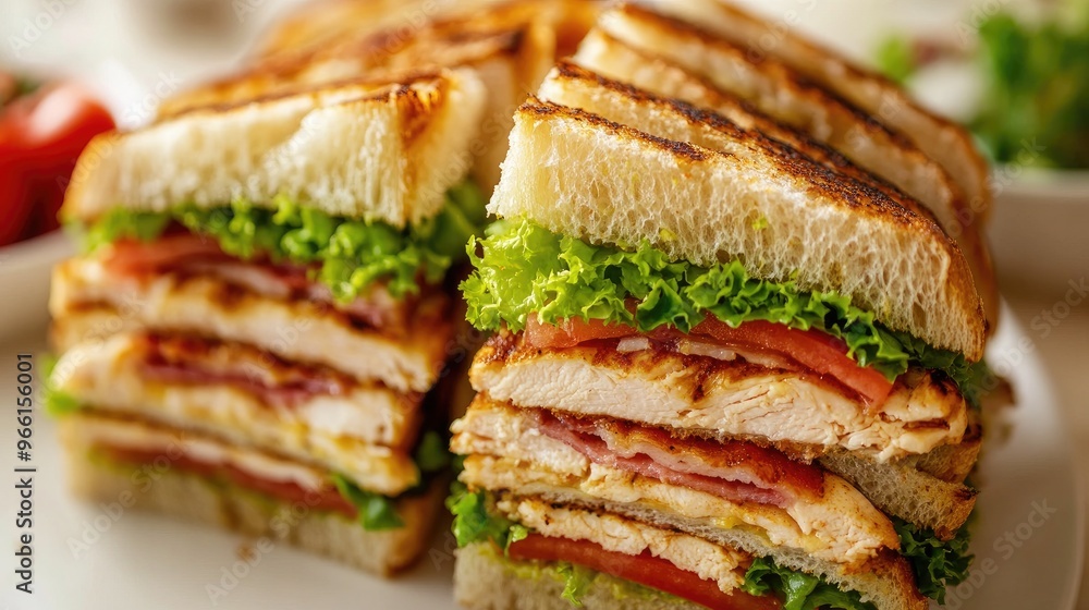 A close-up of a classic club sandwich with layers of chicken, bacon ...