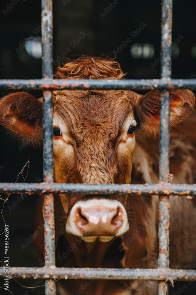 Brown cow behind steel bars in the barn on a farm Stock Photo | Adobe Stock