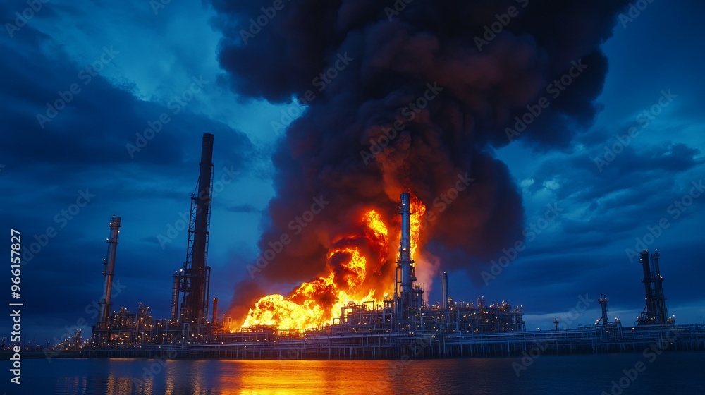 Oil Plant on Fire with Smoke and Flames Against Dark Cloudy Dusk Sky ...
