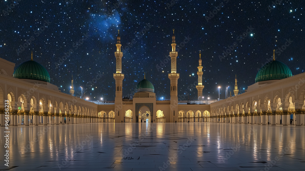 Night view of Nabawi Mosque, domes and minarets shining brightly with ...