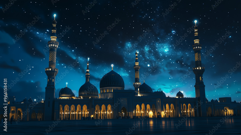 Night view of Nabawi Mosque, domes and minarets shining brightly with ...