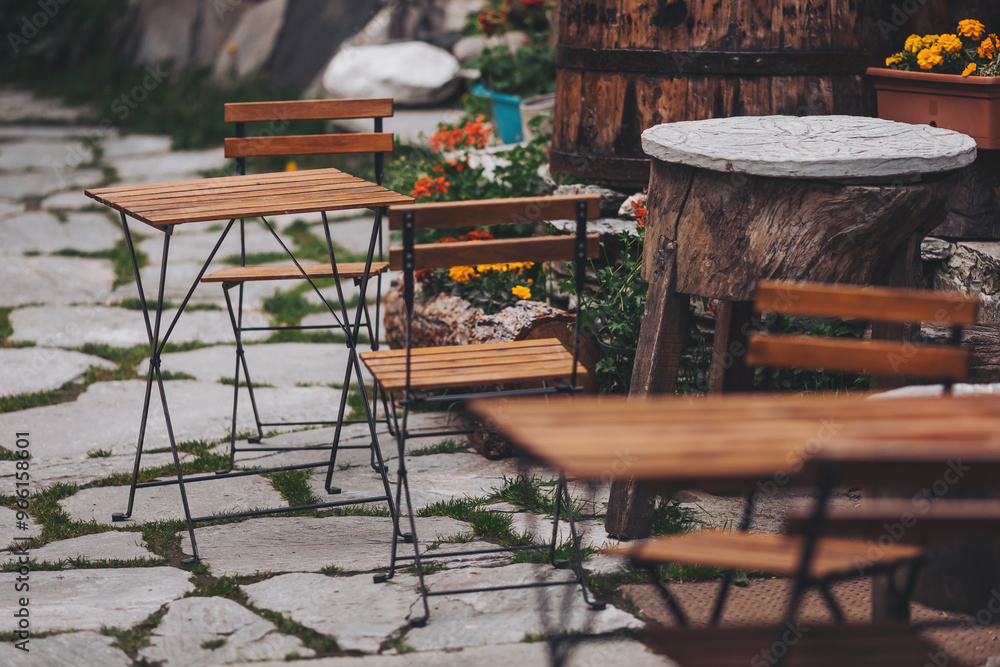 Chairs and tables for cafe in rustic style. coffee shop. Wooden chairs ...