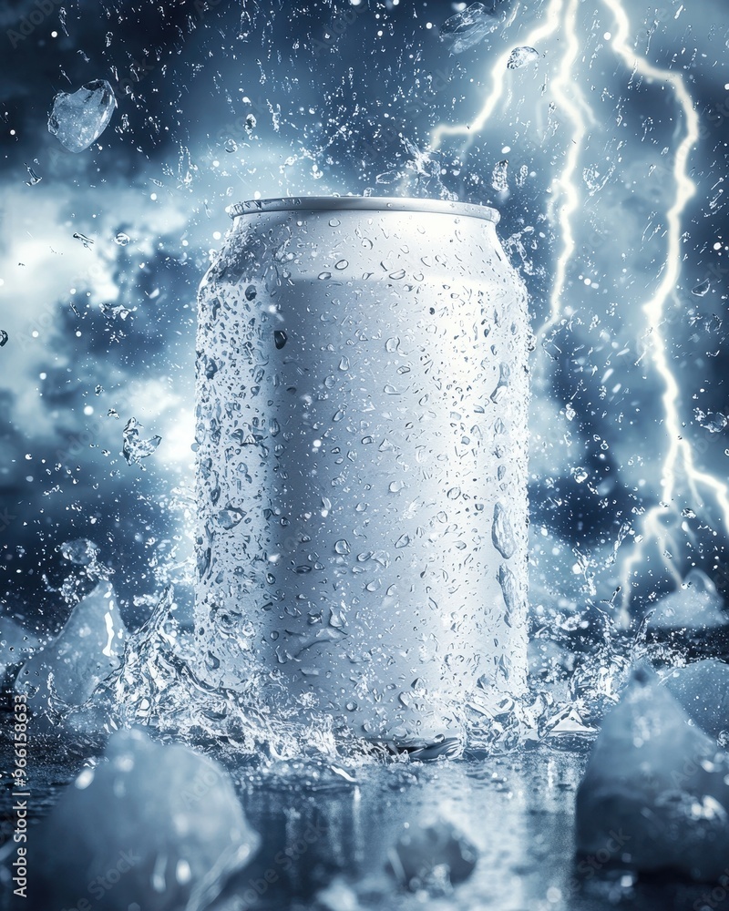 A white 330ml can with water droplets suspended in mid-air, surrounded ...