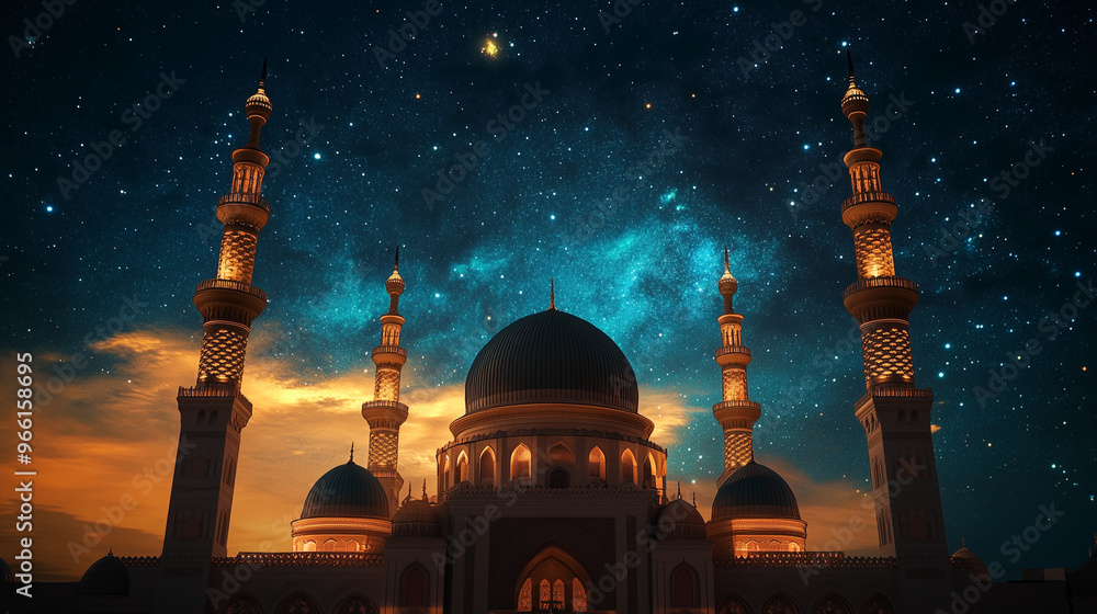 Night view of Nabawi Mosque, domes and minarets shining brightly with ...