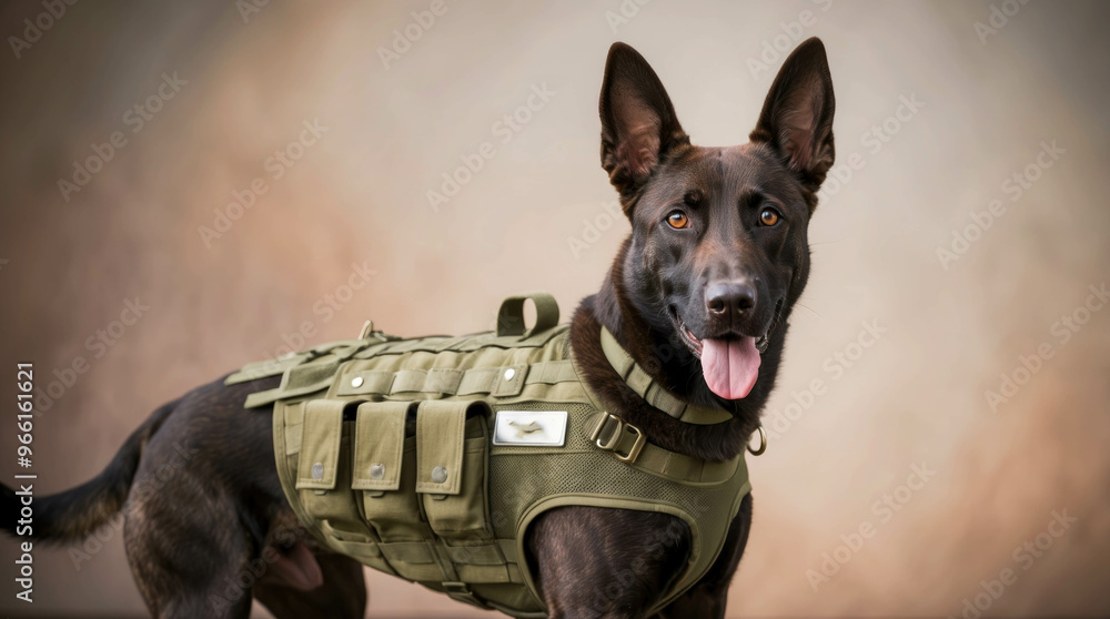 Military working dog wearing tactical vest, alert and focused ...
