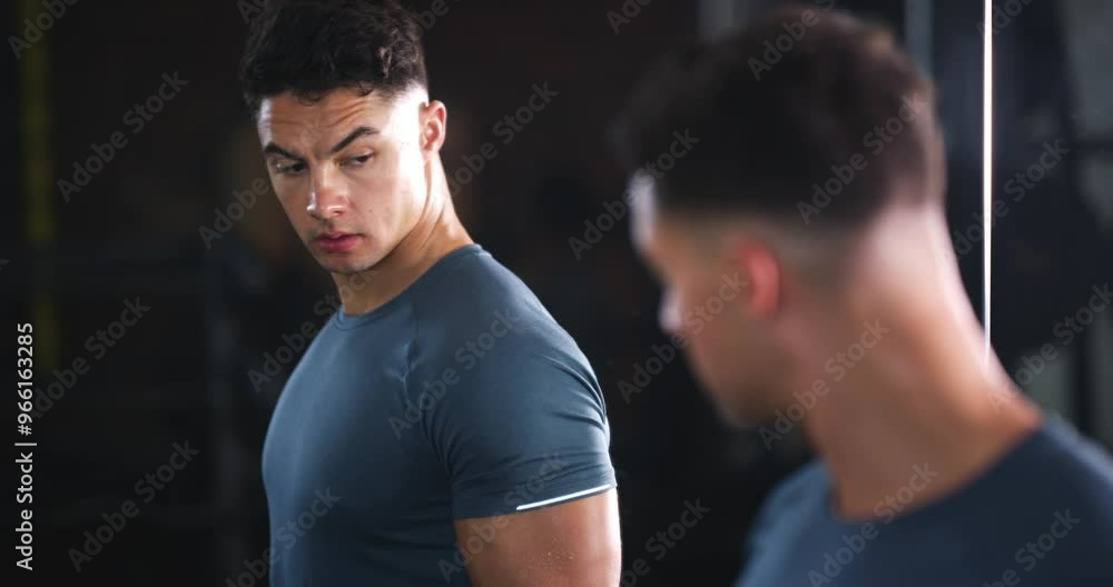 Mirror man, dumbbells and bicep workout, bodybuilder strength ...