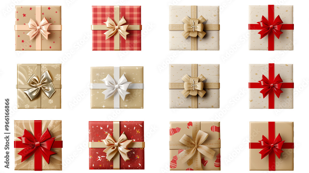 Christmas presents, multiple angles view side top front group various ...