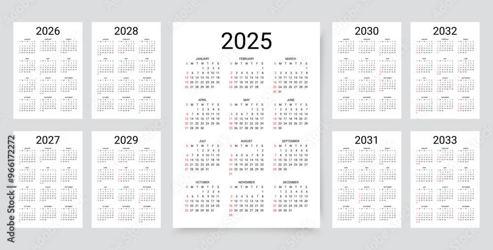 2025, 2026, 2027, 2028, 2029, 2030, 2031 2032, 2033 years calendar. Week starts Sunday. Simple ...