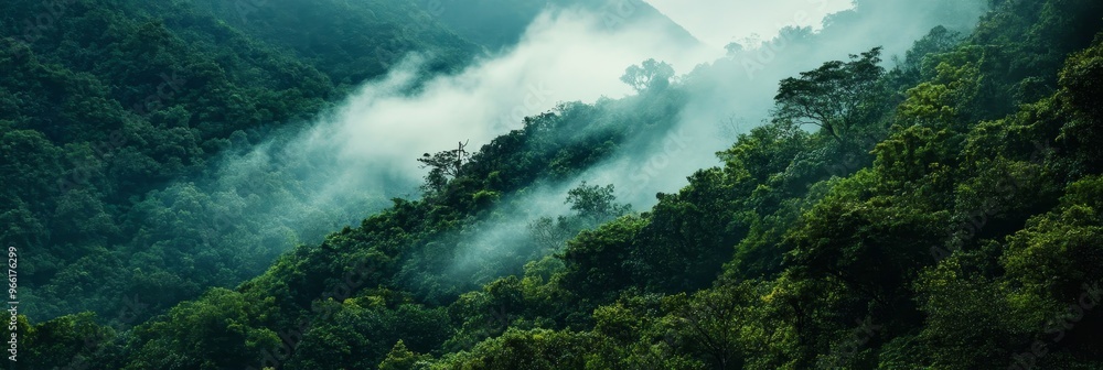 A breathtaking view of a lush forest nestled among rolling mountains ...