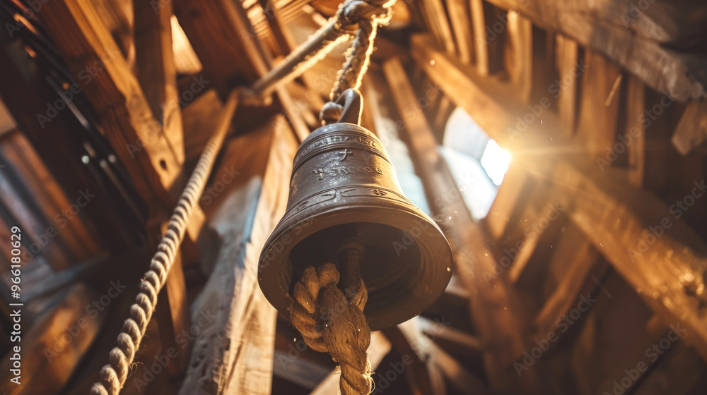 Bronze church bell being rung by a rope inside a wooden belfry. Concept ...