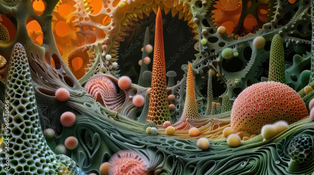 Vibrant, surreal microscopic landscape filled with intricate organic ...
