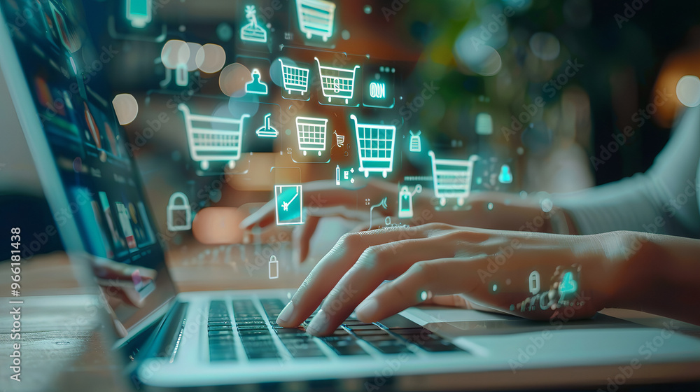 Modern E-Commerce Technology – Woman Using Laptops with Floating ...