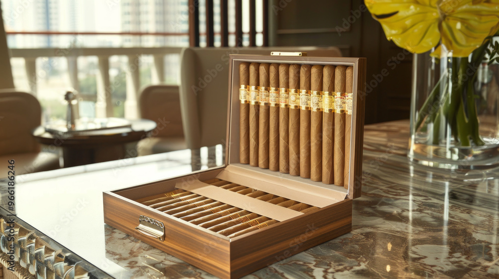 Luxurious wooden cigar box open on a marble countertop. Elegant smoke ...