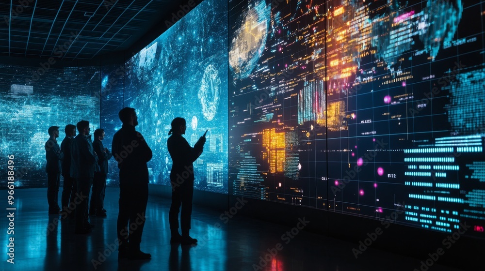 In a dimly lit room, scientists focus on a large display wall filled with data visualizations ...