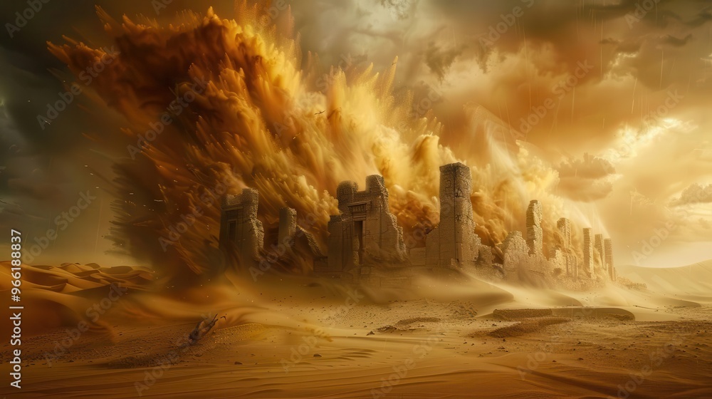 swirling vortex of ochre sand engulfing ancient ruins in a desolate ...