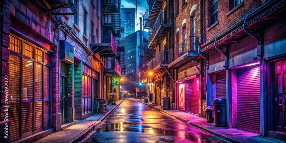 Neon Glow in the Alleyway, digital art, a wet alleyway lit by neon ...
