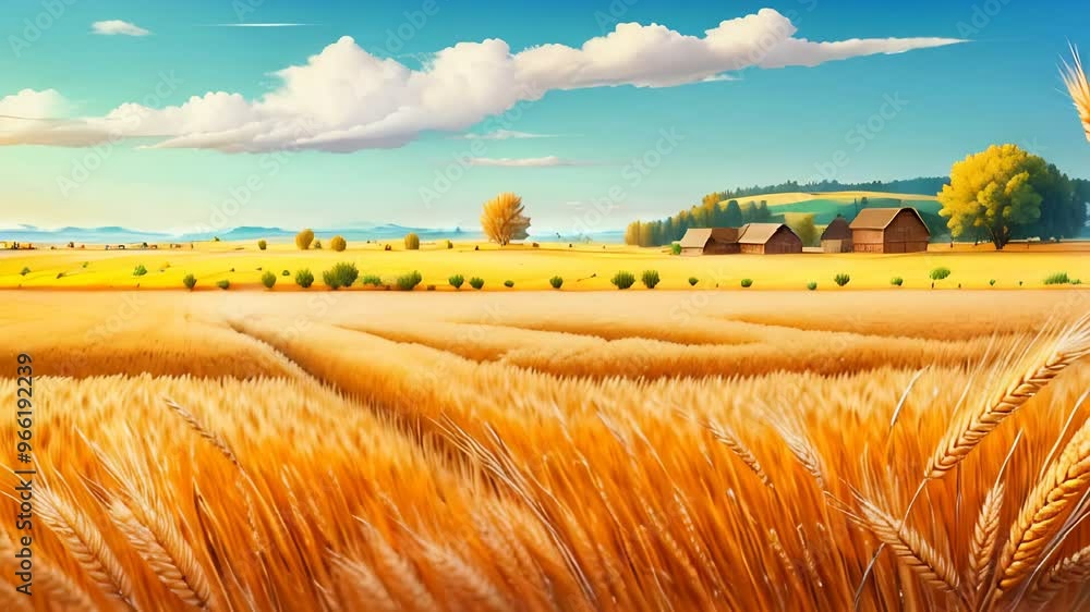 Wheat field on a sunny summer day, trees and blue sky. Rural landscape ...