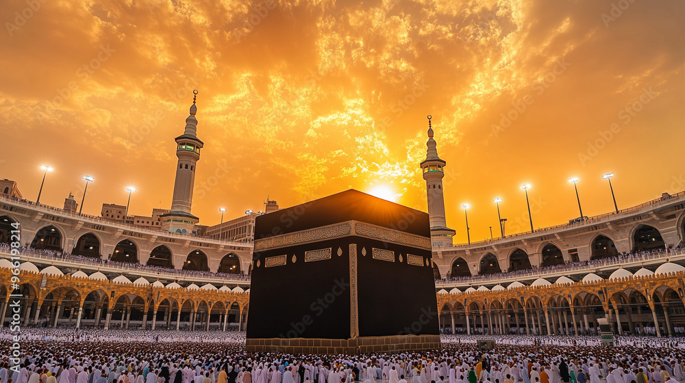 The view of the Kaaba in Mecca at dusk, surrounded by thousands of Hajj ...