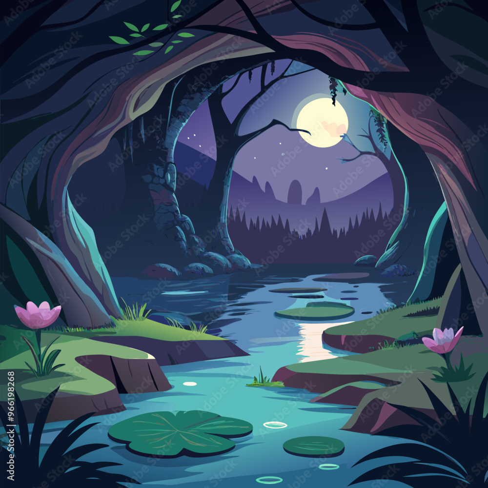 View from inside cave on dark night forest with swamp under moon light ...