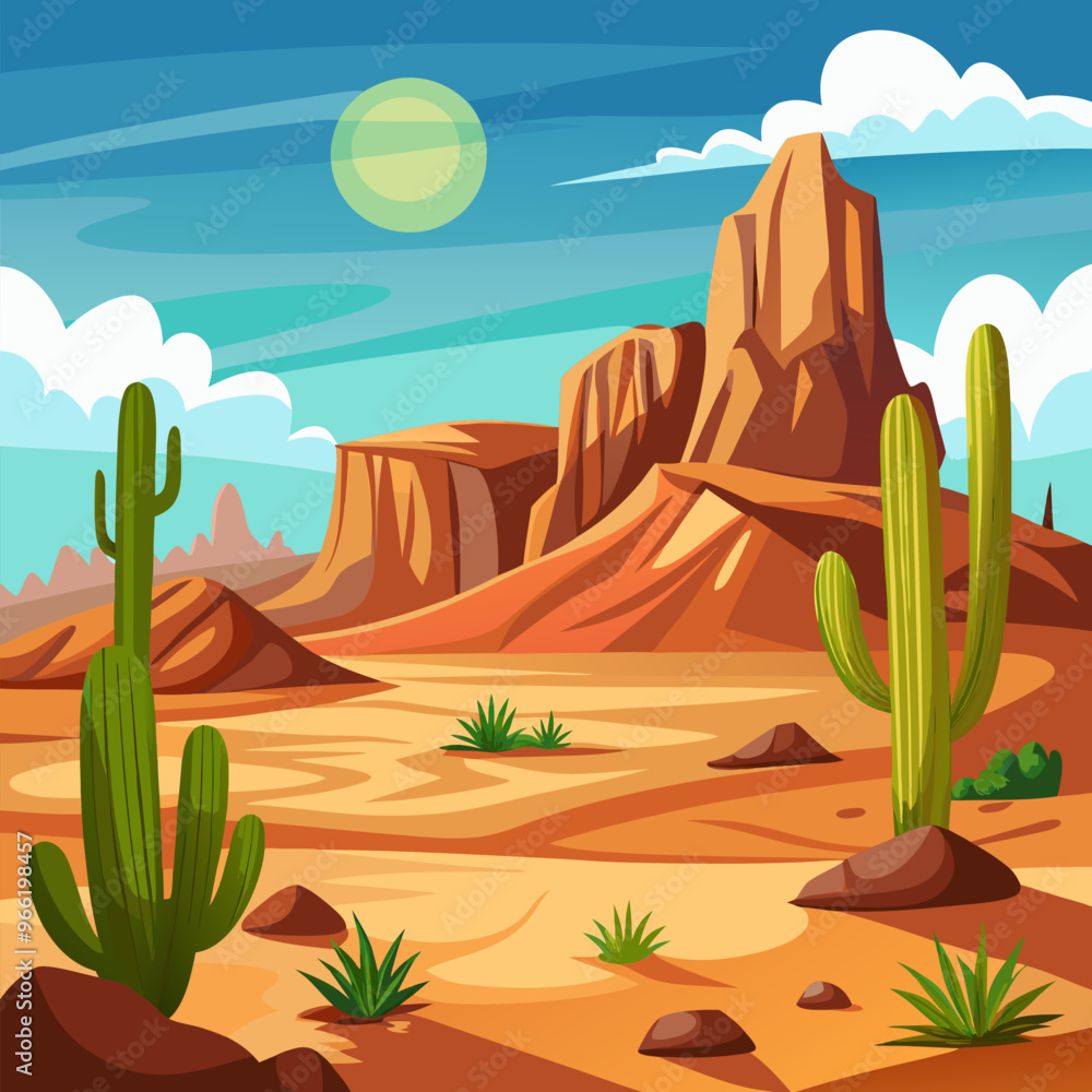 Arizona desert landscape with brown rock, sand dune hills, green cactus ...