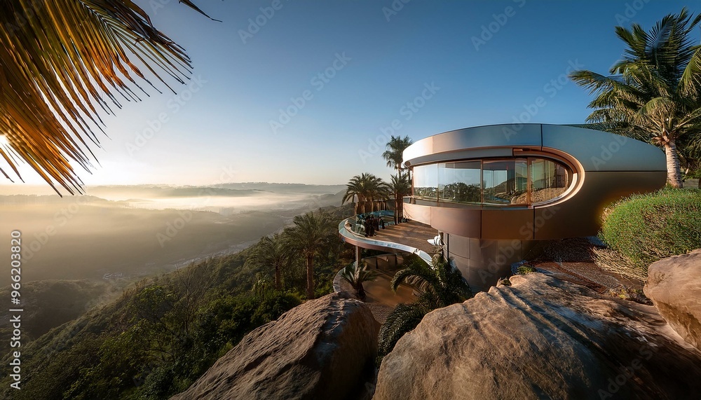 A futuristic, circular home built into a rocky cliffside overlooking a ...
