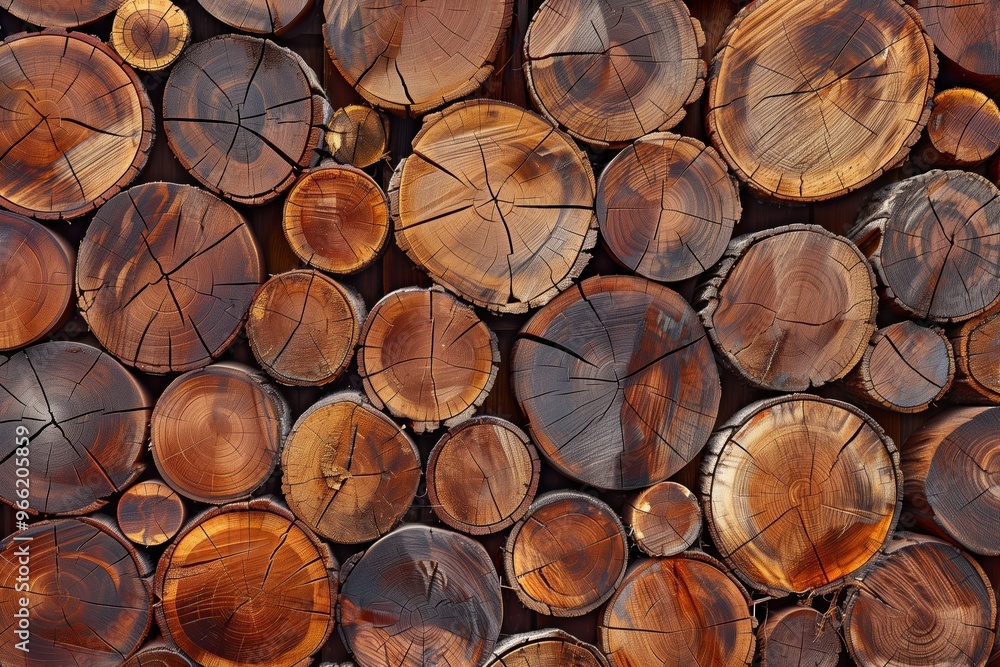 Stacked wooden logs, showcasing their natural textures and rings. The ...