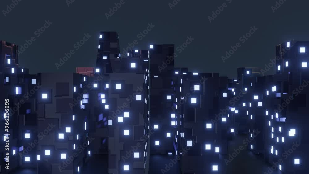 Illustration of a city at night with tall buildings. Futuristic ...