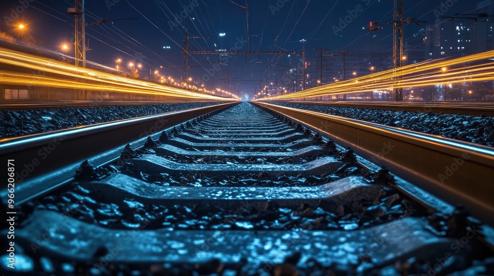 A nighttime shot of illuminated railway tracks with a passing train ...