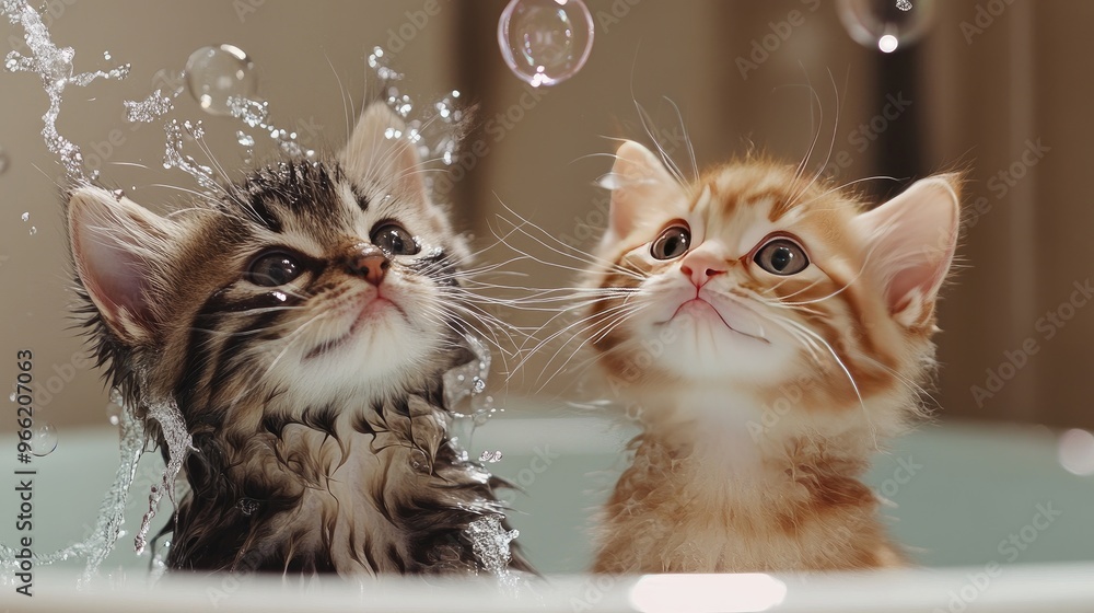 A pair of kittens in a bath, one shaking water off its fur while the ...