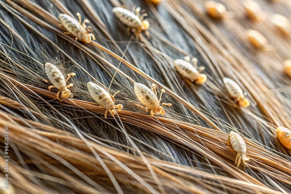 Macro view of tiny, parasitic insects infesting human hair, with lice ...