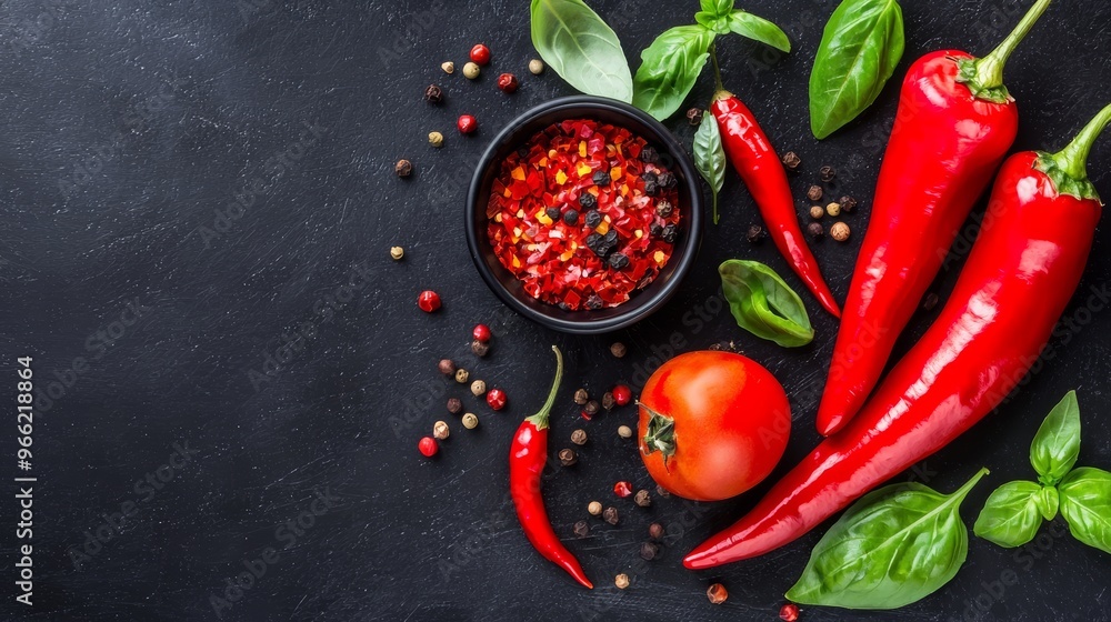 Fresh red chili peppers, colorful spices, and basil leaves on a dark ...
