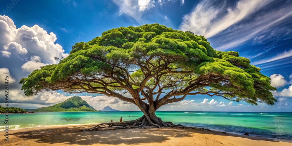 Majestic monkey pod tree with sprawling canopy and twisted trunk stands ...
