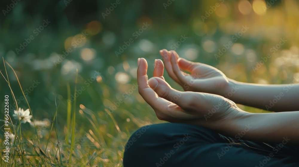 A close-up shot of hands in a meditative mudra pose, symbolizing peace ...