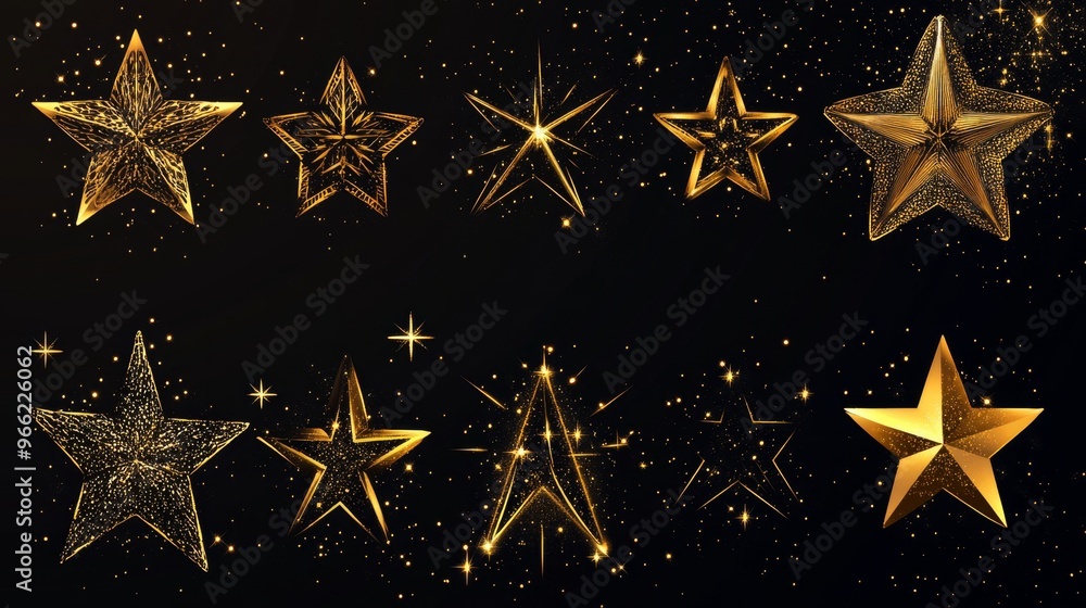 A collection of ten gold star cutouts with a sparkling effect, perfect ...