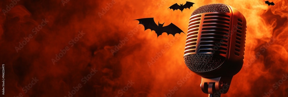 Vintage microphone with bats and smoky background for a Halloween ...