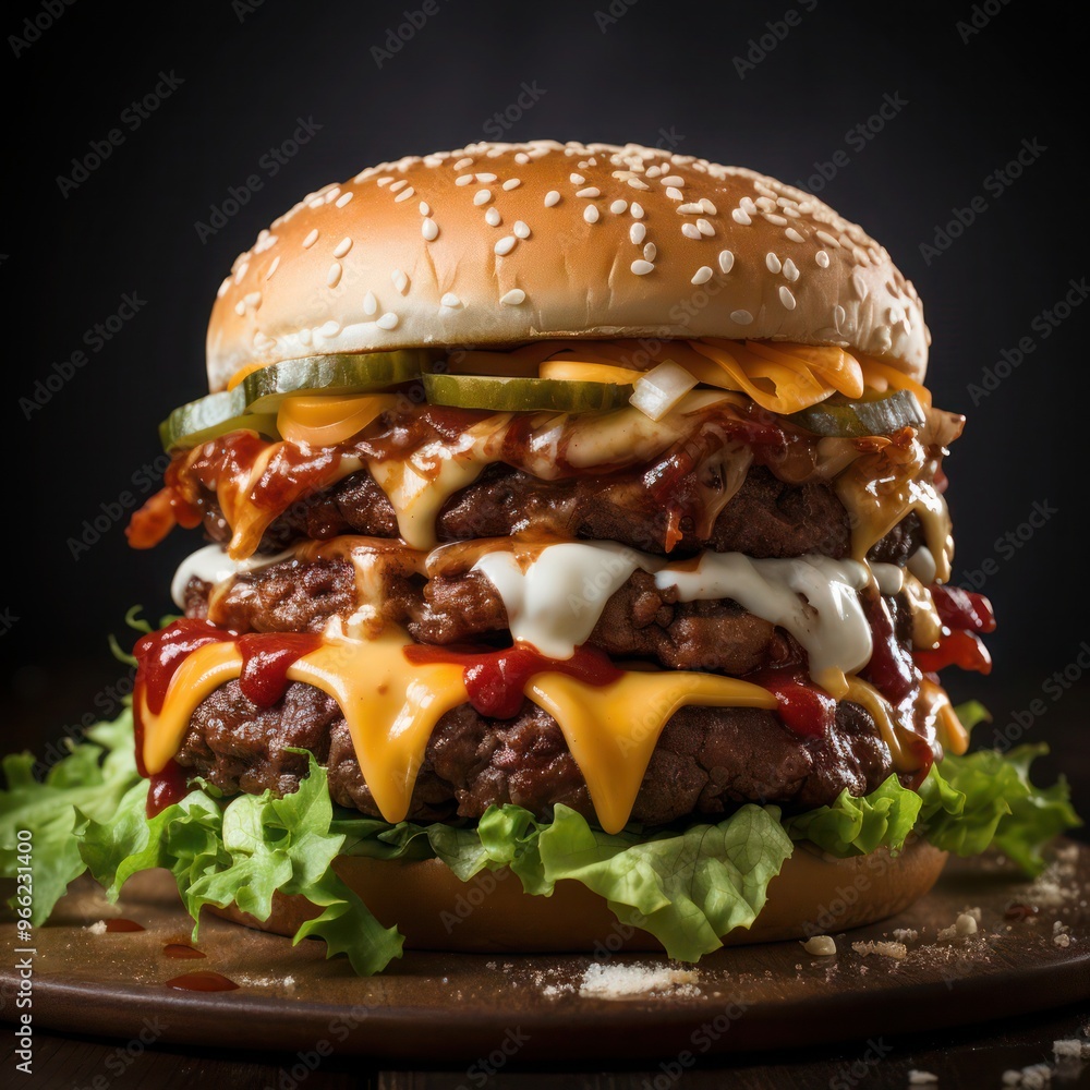 a staggering three patty cheese burger loaded with thick meat patties ...