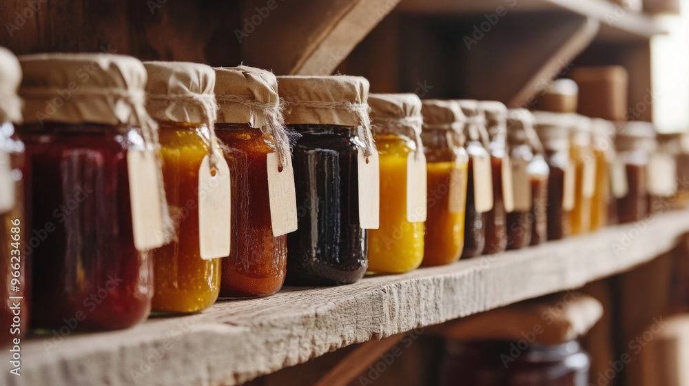 A shelf lined with jars of homemade jams in different flavors, with ...