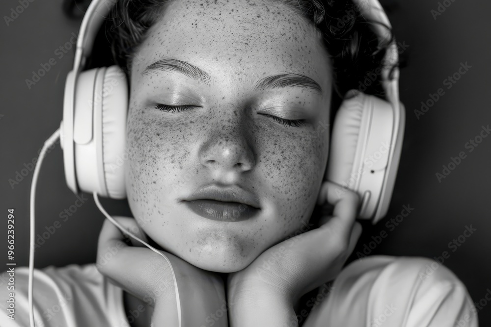 Black and white portrait of a beautiful woman with freckles listening ...