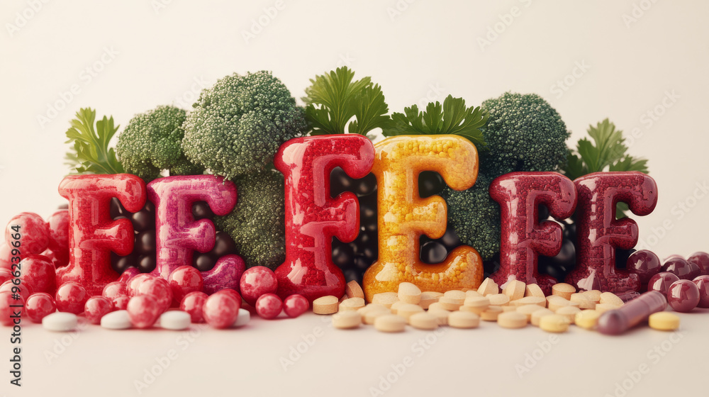 Iron and vitamins "FE" are important for good health. This illustration ...