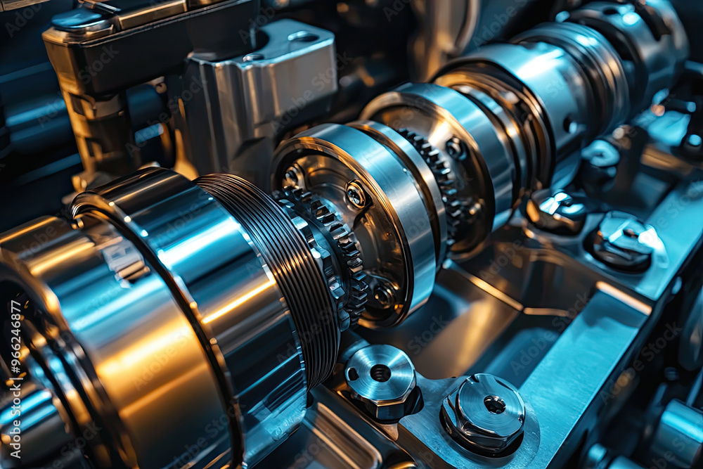 A detailed view of an engines crankshaft and bearings showcases ...