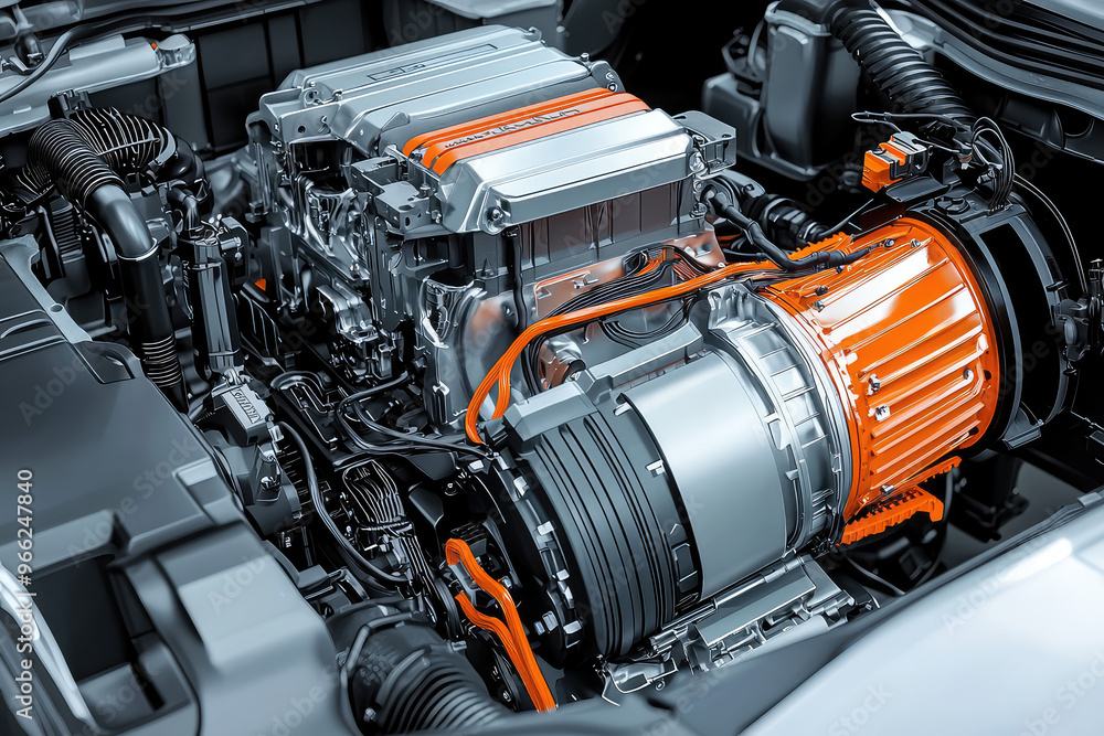 A high tech hybrid engine in modern electric vehicle showcases advanced ...