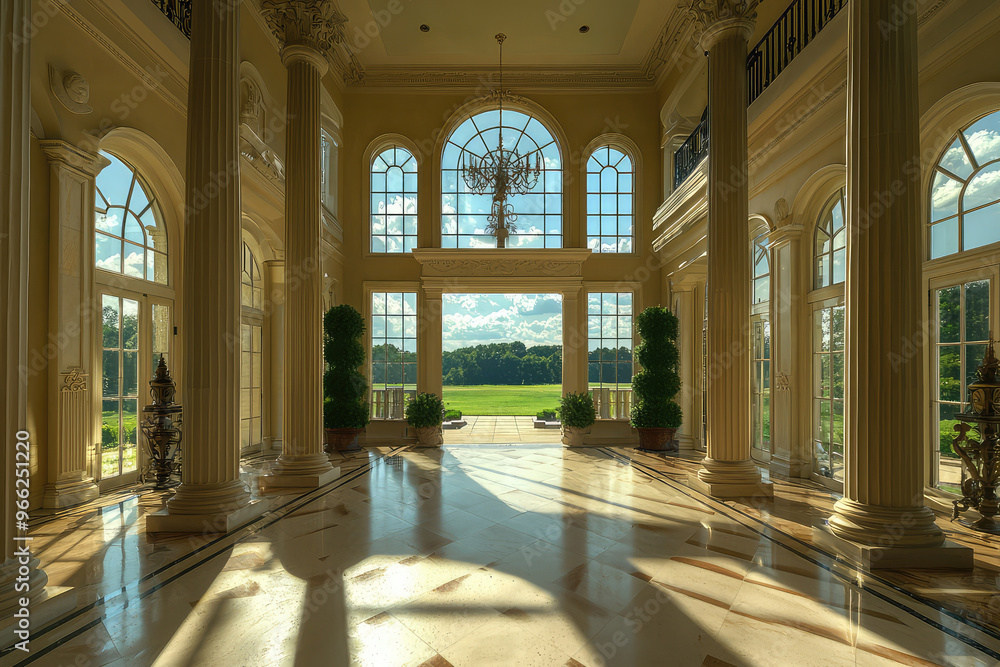 A luxurious mansion interior featuring grand foyer with tall columns ...