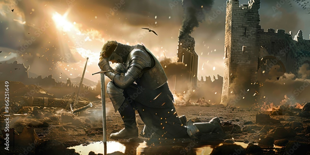 Medieval Knight Kneeling With Sword In Front of Building Ruin A ...